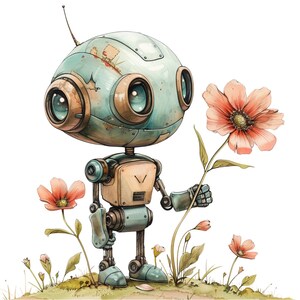 15 Cute Robot With Flower Clipart Bundle, 15 High-quality JPG, Craft ...