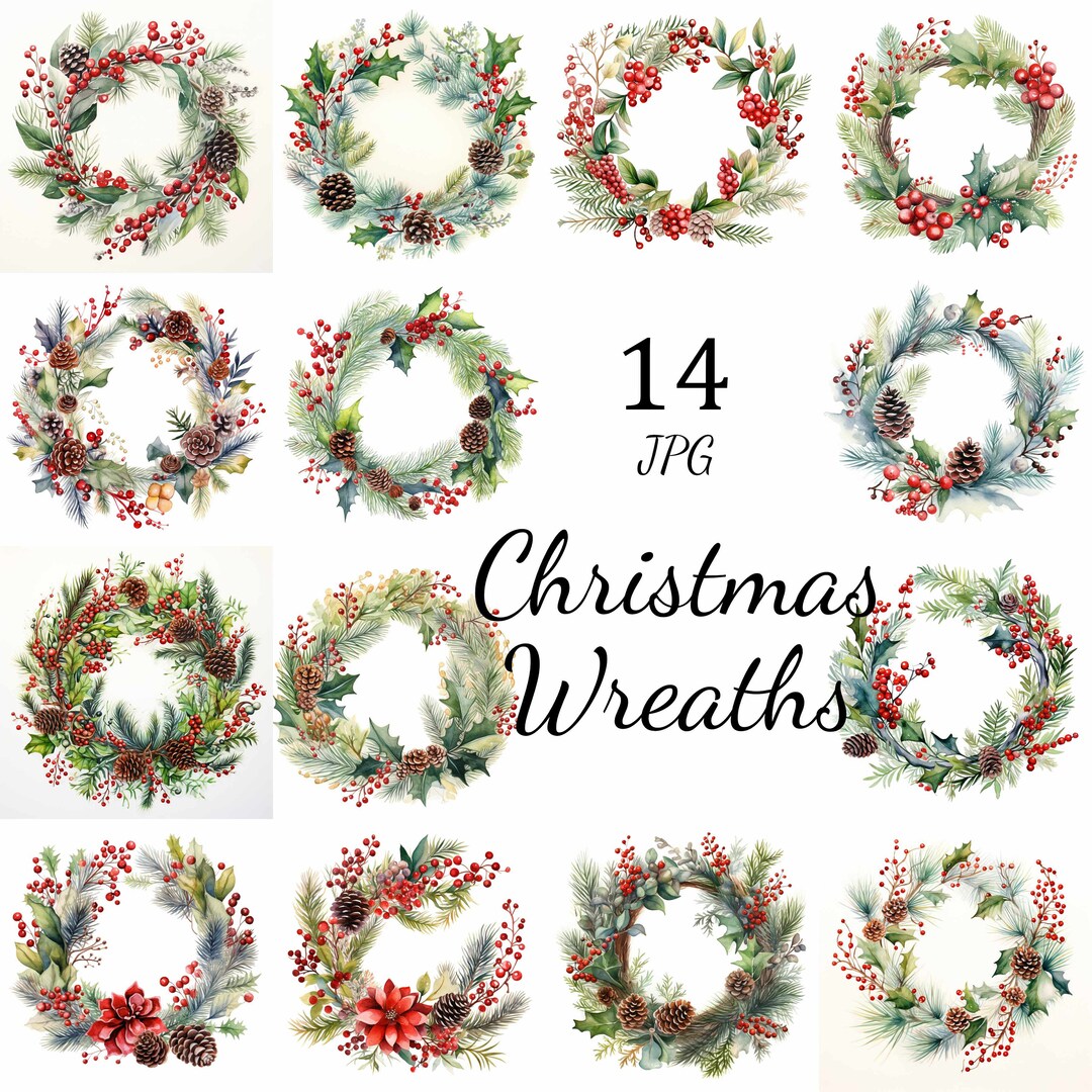 14 Christmas Winter Wreath Clipart Bundle, 14 High-quality JPG, Nursery ...