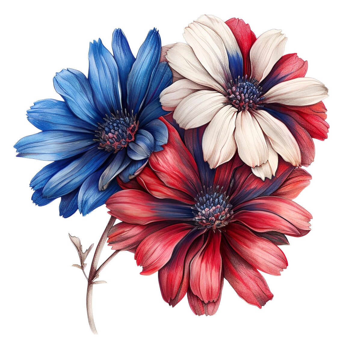 Vibrant 4th Red White Blue Flower Clipart Bundle, 16 High-quality JPG ...