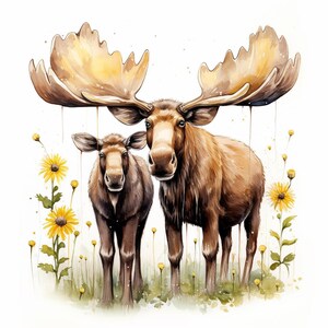 12 Cute Moose W Flowers Clipart Bundle, High-quality JPG, Nursery Art ...