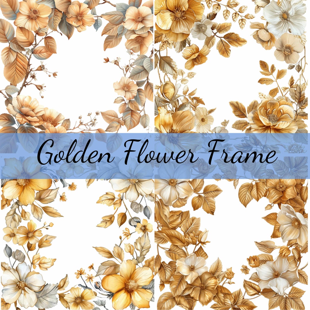 Golden Flower Gold Frame Clipart Bundle, 16 High-quality JPG, Craft Art ...