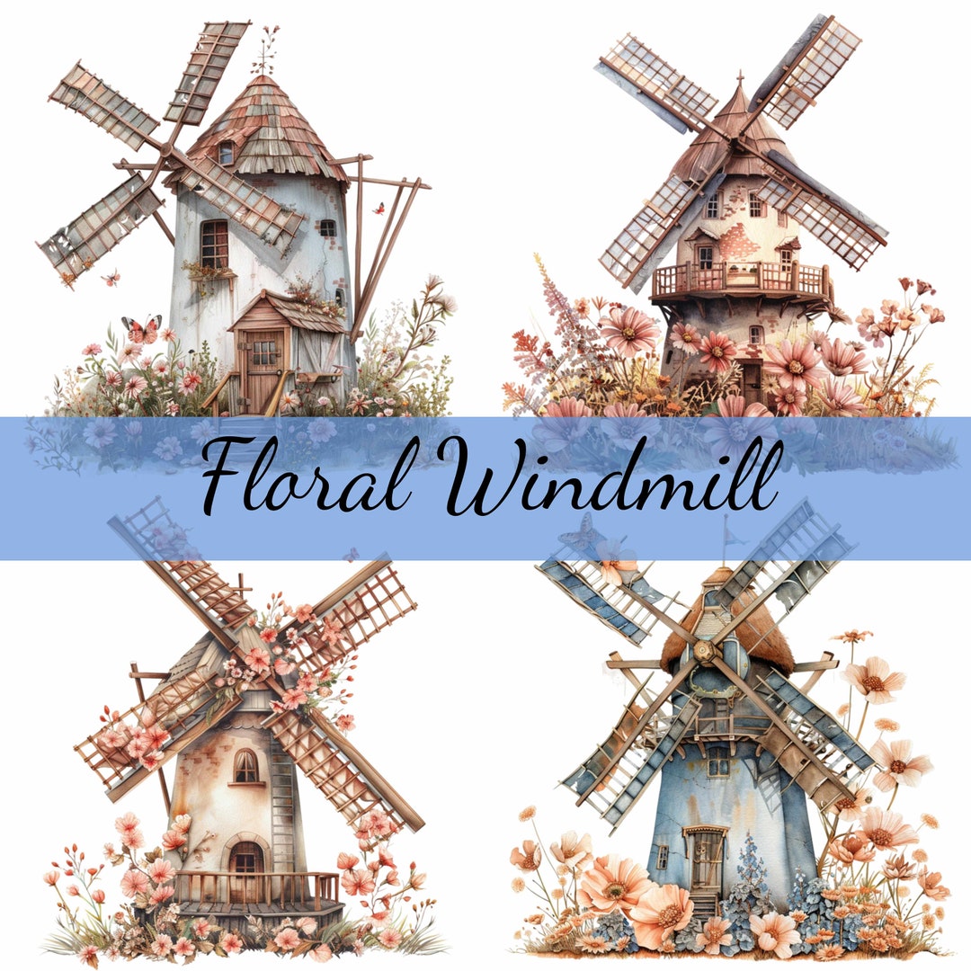 15 Windmill With Flowers Clipart Bundle, 15 High-quality JPG, Craft Art ...