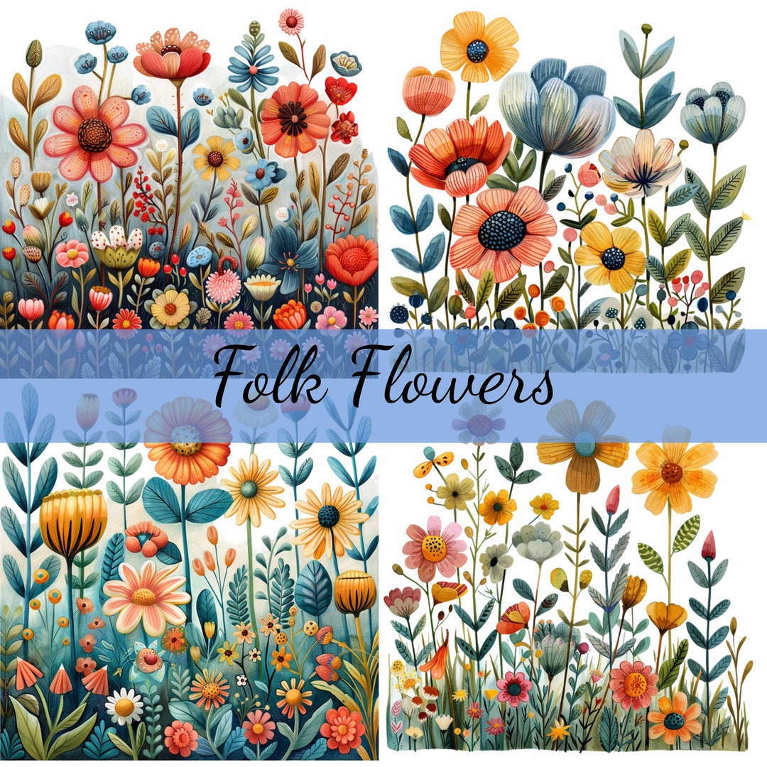 16 Folk Art Flower Garden Clipart Bundle, 16 High-quality JPG, Craft ...