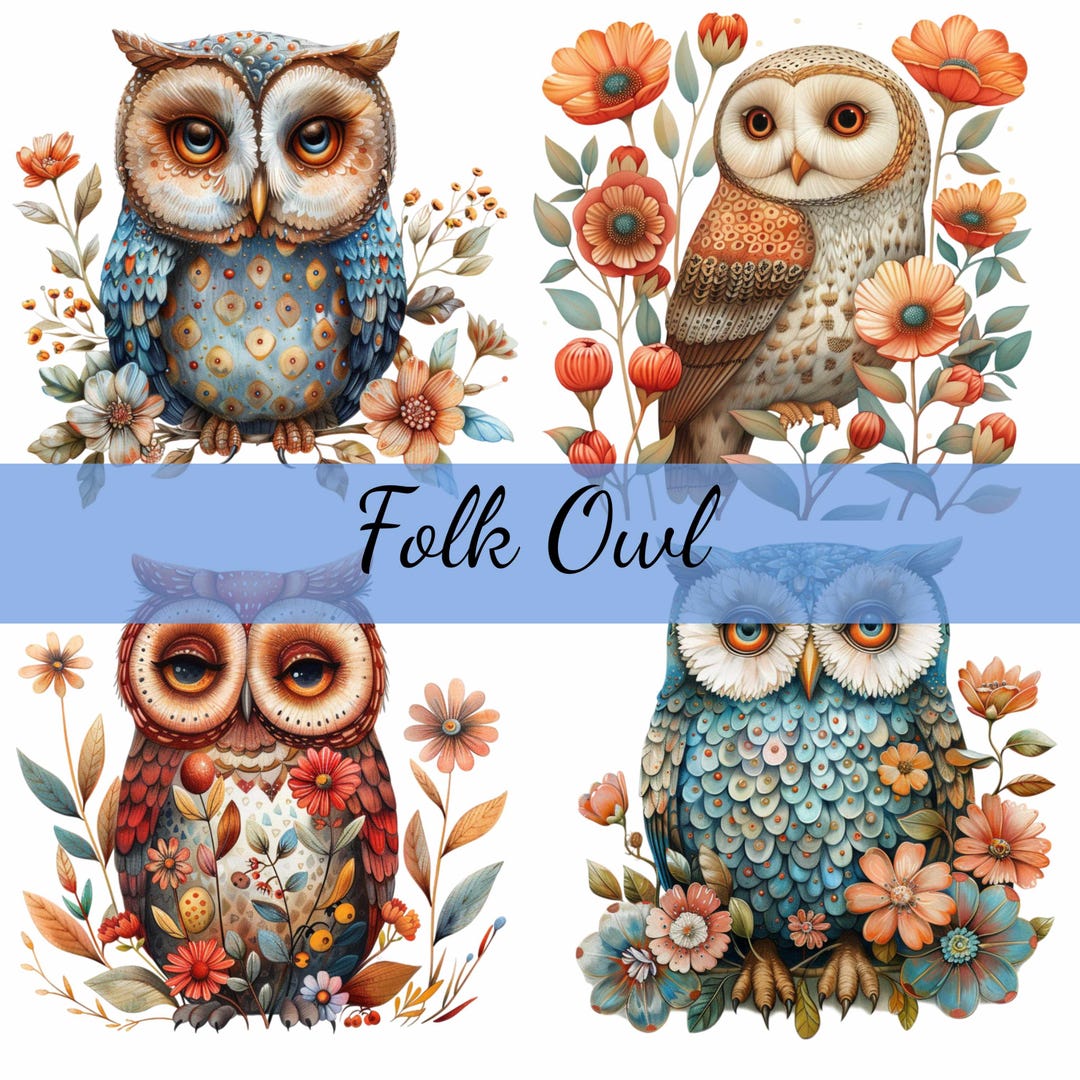16 Folk Art Owl and Flowers Clipart Bundle, 16 High-quality JPG, Craft ...