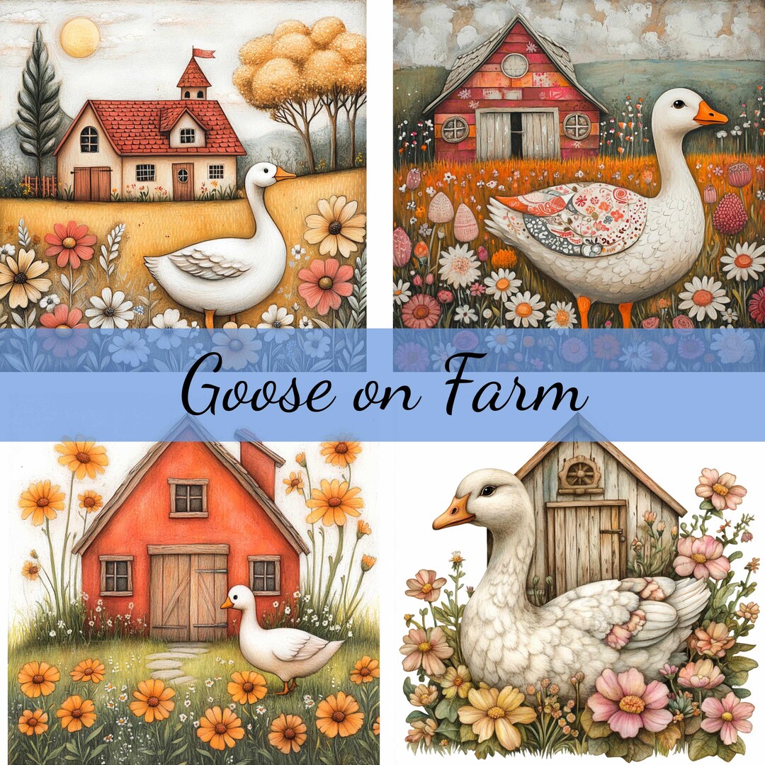 Folk Art Goose Farm Barn Flowers Clipart Bundle, 15 High-quality JPG ...
