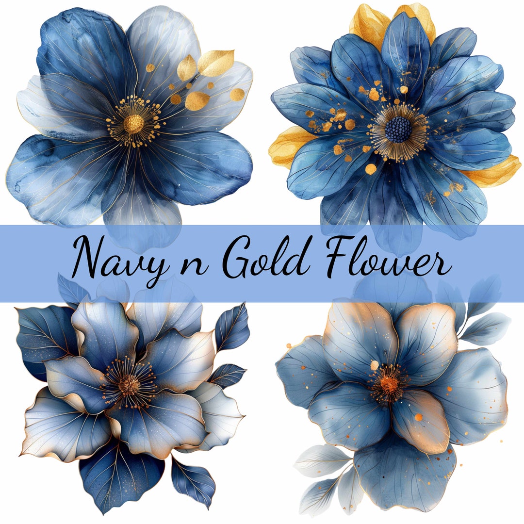 16 Navy Blue and Gold Flower Abstract Clipart Bundle, High-quality JPG ...