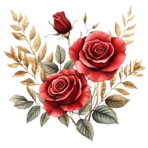 Red Roses With Gold Clipart Bundle, 16 JPG and Transparent PNG Download ...