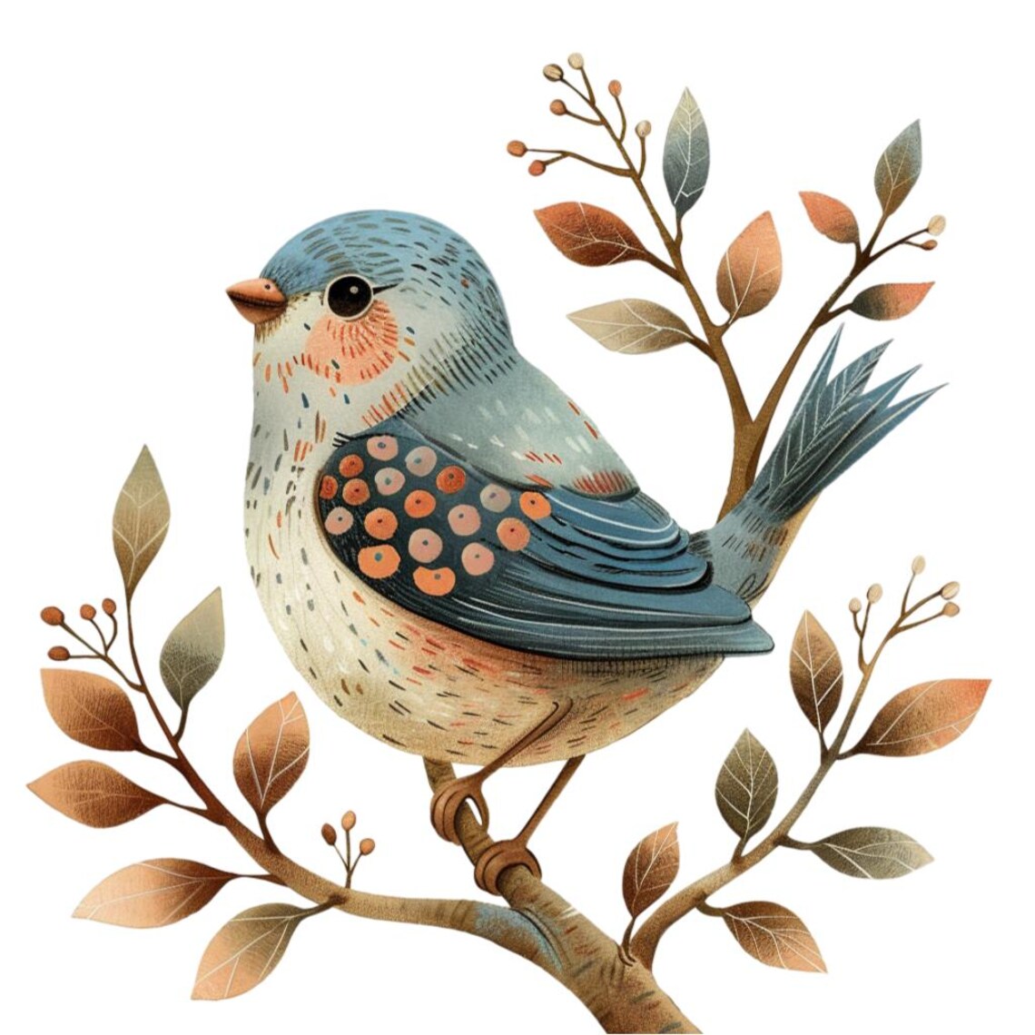 12 Bird on a Tree Branch Folk Art Clipart Bundle, 12 High-quality JPG ...