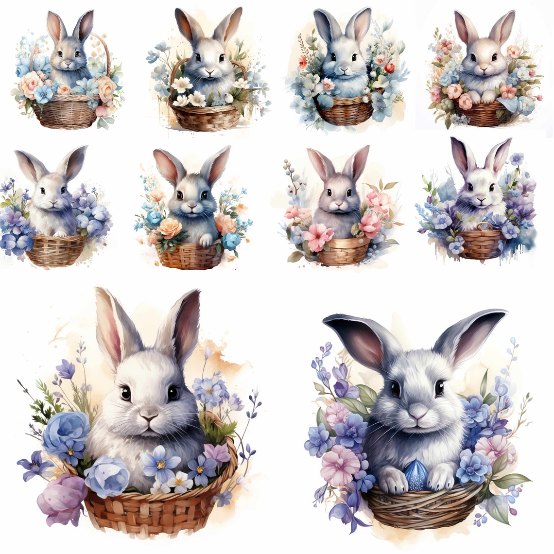 Bunny in Easter Basket W Flowers Clipart Bundle, High-quality JPG ...
