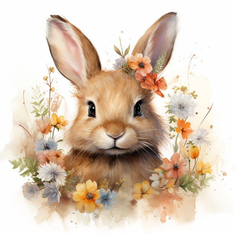 Boho Easter Bunny W Flowers Clipart Bundle, High-quality JPG, Craft Art ...