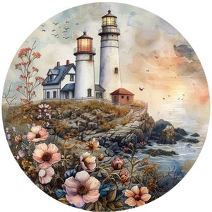 16 Floral Lighthouse in Spring Round Clipart Bundle, High-quality JPG ...