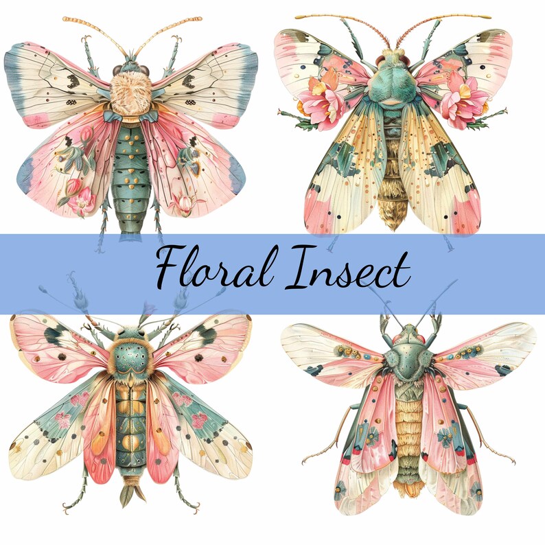 16 Floral Insect in Pink Clipart Bundle, High-quality JPG, Craft Art ...