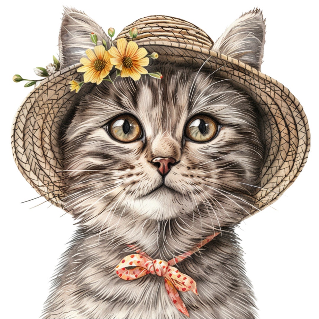 Cat With Straw Hat and Flowers Clipart Bundle, 16 High-quality JPG ...