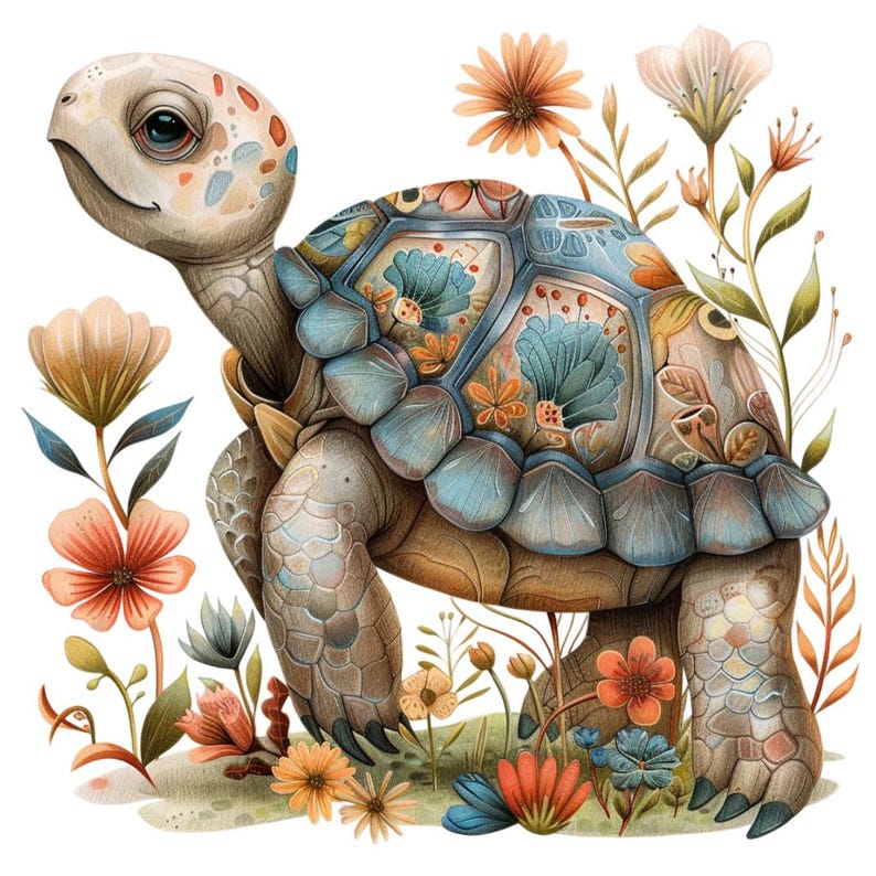 16 Folk Art Turtle W Flowers Clipart Bundle, 16 High-quality JPG, Craft ...
