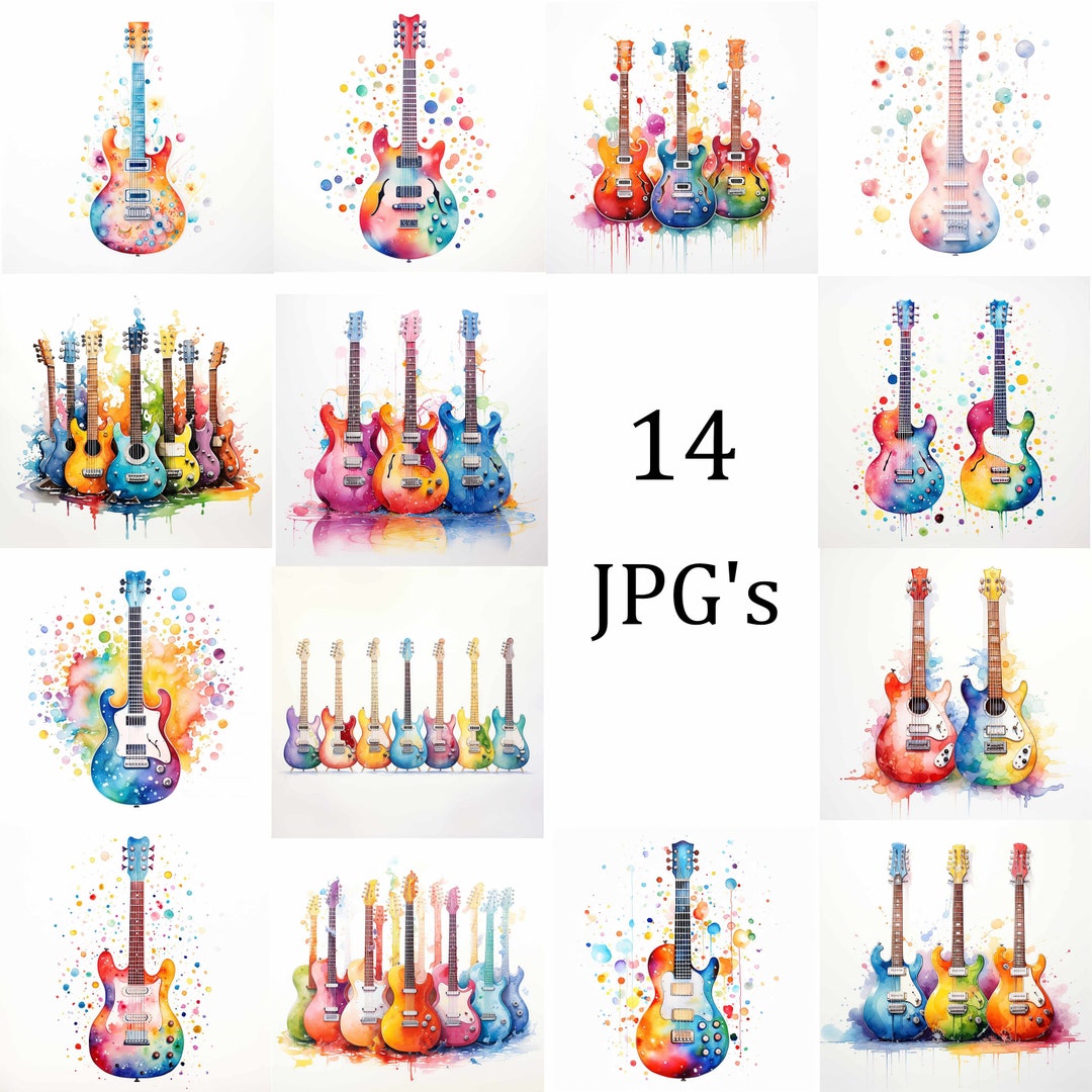 14 Electric Guitars Clipart Bundle, High-quality JPG, Invitations, Card ...