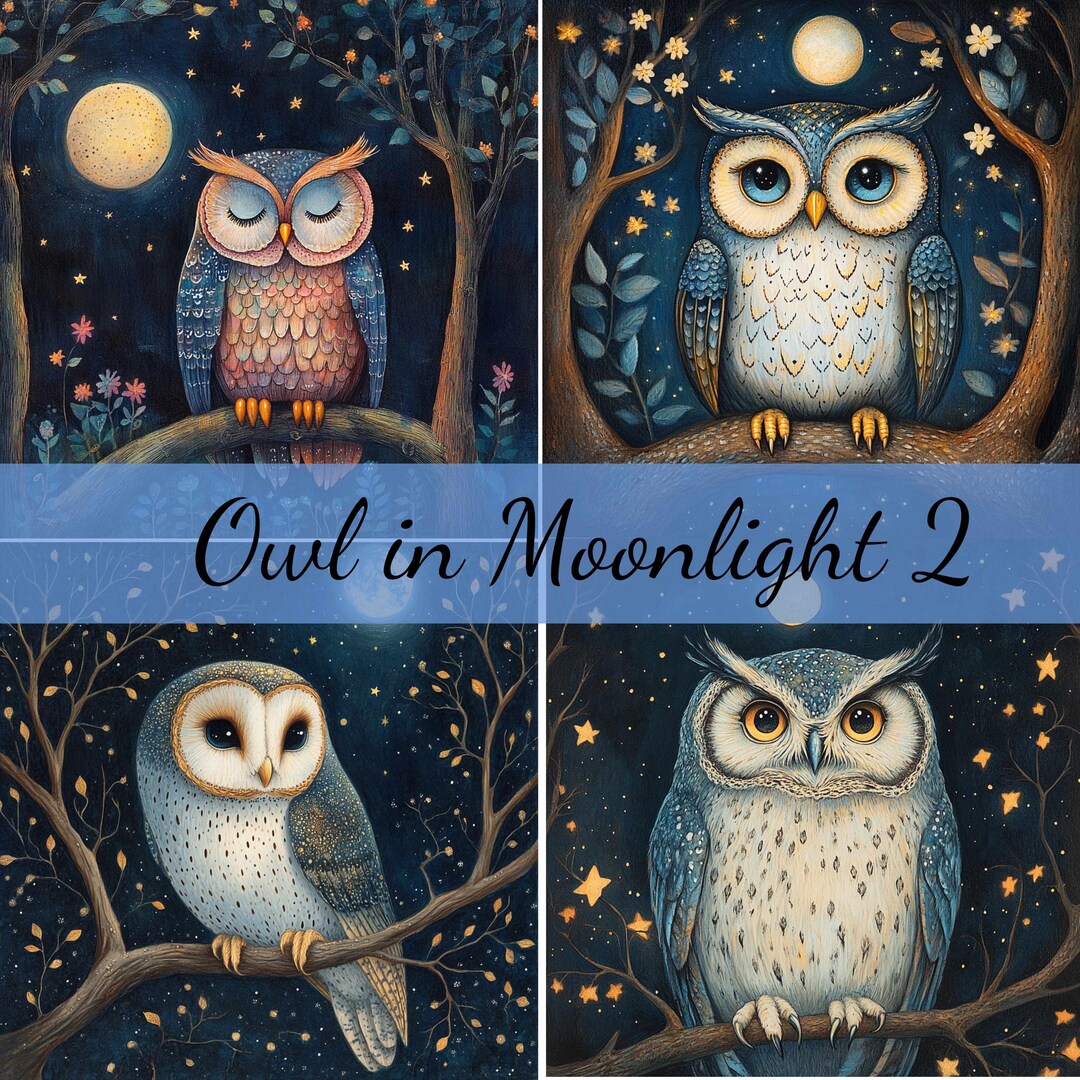 Owl in Tree in Moon Light Night Clipart Bundle, 16 High-quality JPG ...