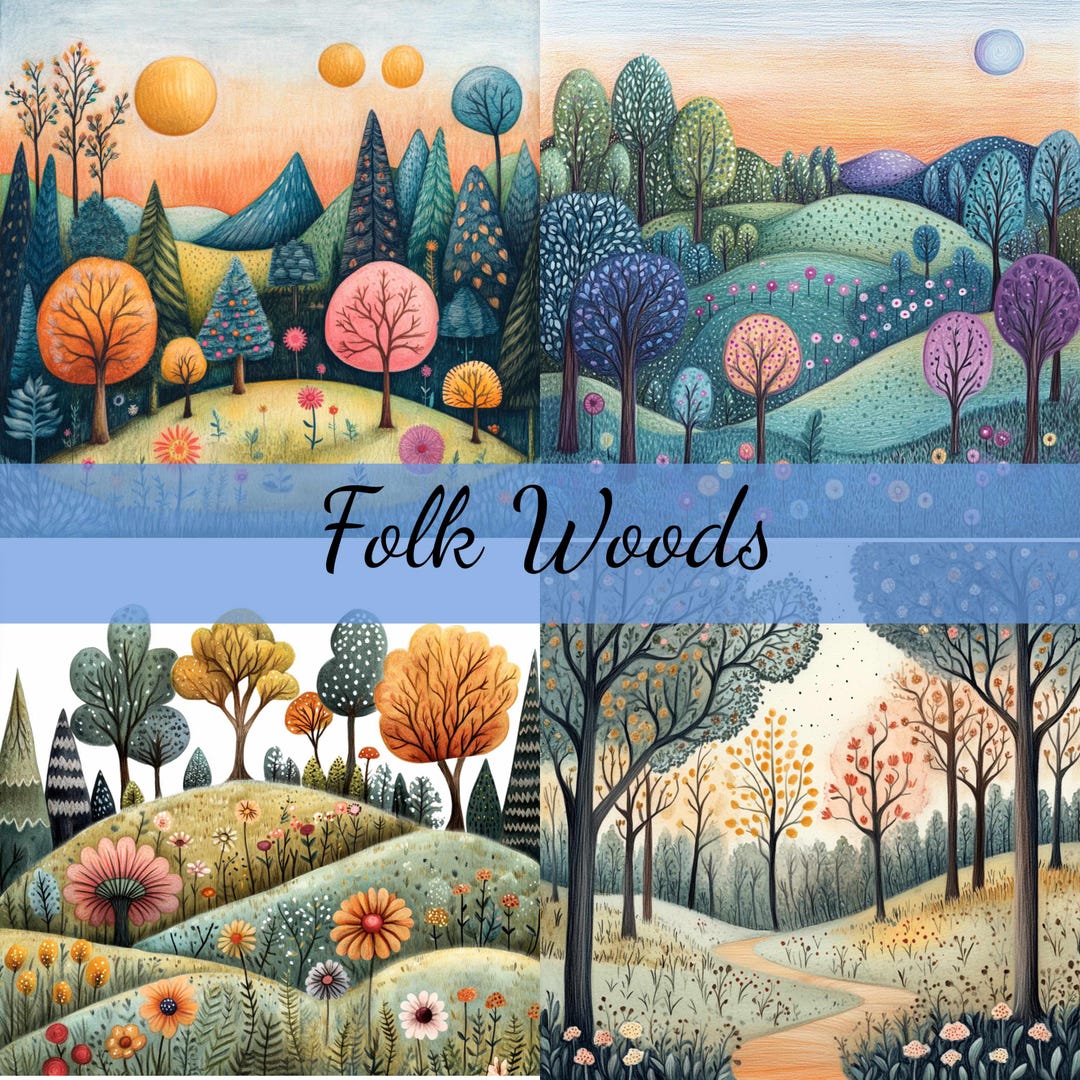 16 Folk Art Woods and Trees Clipart Bundle, High-quality JPG, Craft Art ...