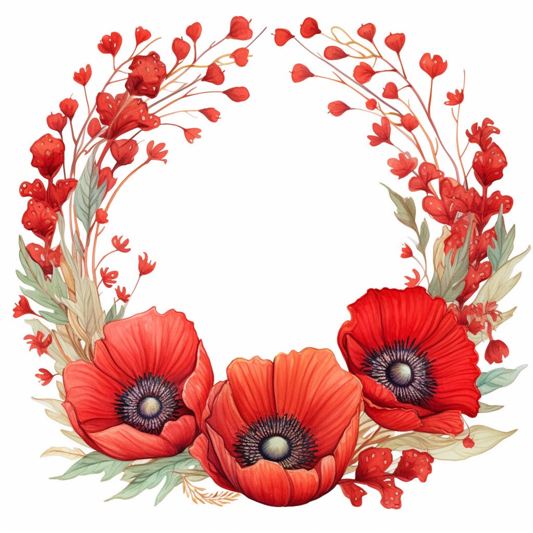 Red Poppy Flower Wreaths Clipart Bundle, High-quality JPG, Craft Art ...