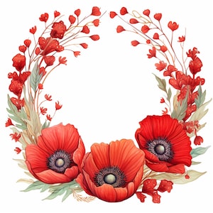 Red Poppy Flower Wreaths Clipart Bundle, High-quality JPG, Craft Art ...