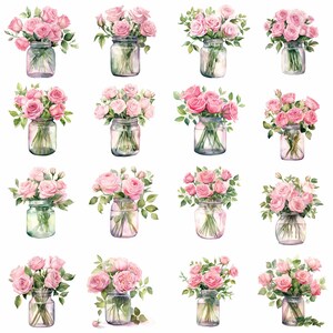 16 Pink Rose in Glass Jar Flower Bouquet Clipart Bundle, High-quality ...