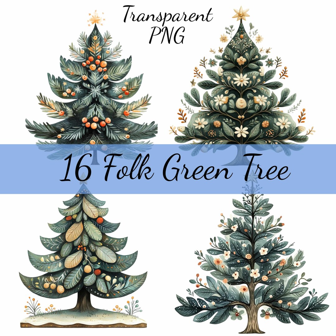 16 Folk Art Green Christmas Tree 16 Clipart Bundle, Transparent PNG ...