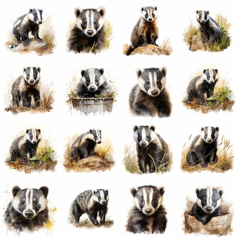 16 Wild Badger Clipart Bundle, High-quality JPG, Craft Art, Card Making ...