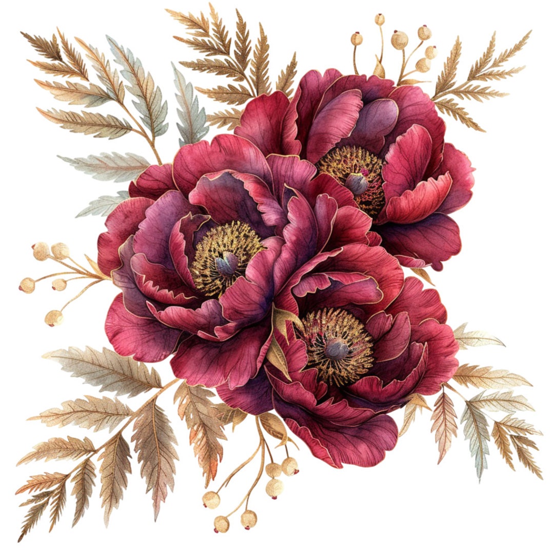 Burgundy Peony Flowers Wedding Clipart Bundle, 16 High-quality JPG ...