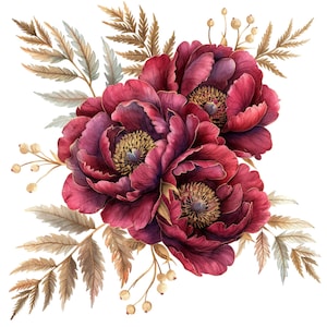 Burgundy Peony Flowers Wedding Clipart Bundle, 16 High-quality JPG ...