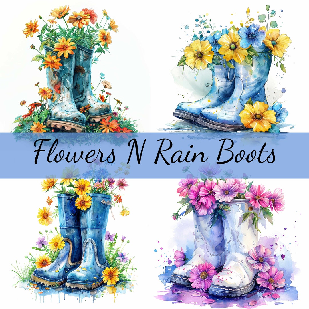 Colorful Flowers in Rain Boots Clipart Bundle, 16 High-quality JPG ...