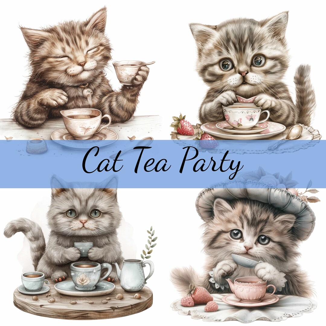 16 Cat Tea Party Clipart Bundle, 16 High-quality JPG, Craft Art, Card ...