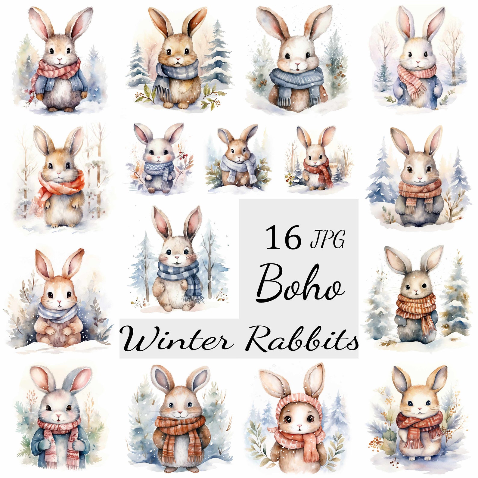 16 Boho Winter Rabbit With Scarf Clipart Bundle, High-quality JPG ...