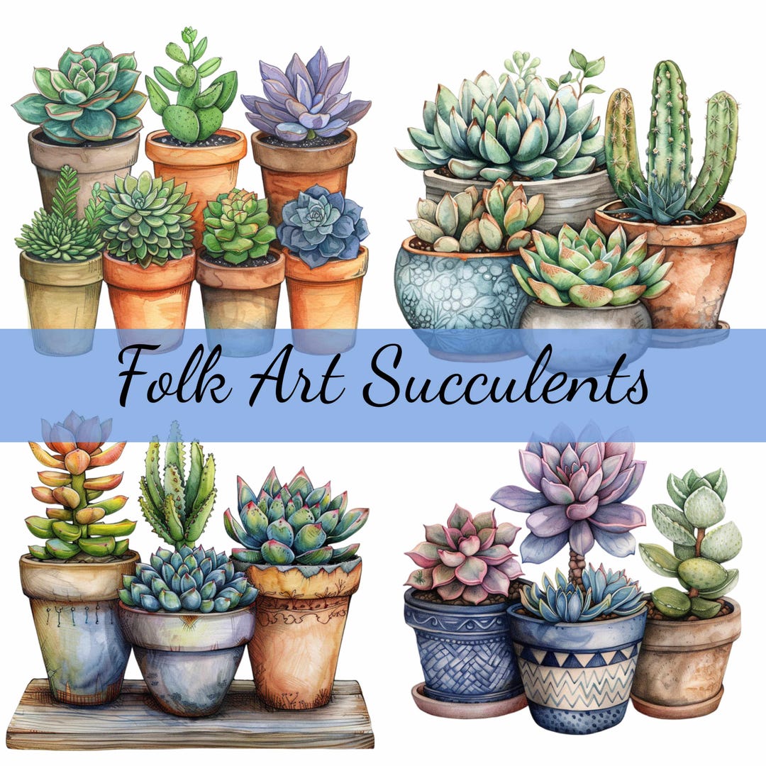 Folk Art Succulents in Pots Clipart Bundle, 16 High-quality JPG, Craft ...