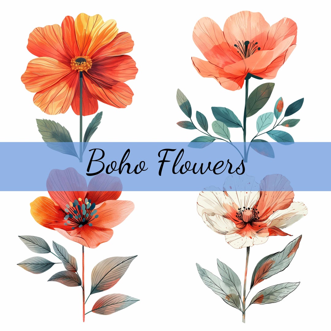 Boho Orange Teal Flowers Clipart Bundle, 16 High-quality JPG, Craft Art ...