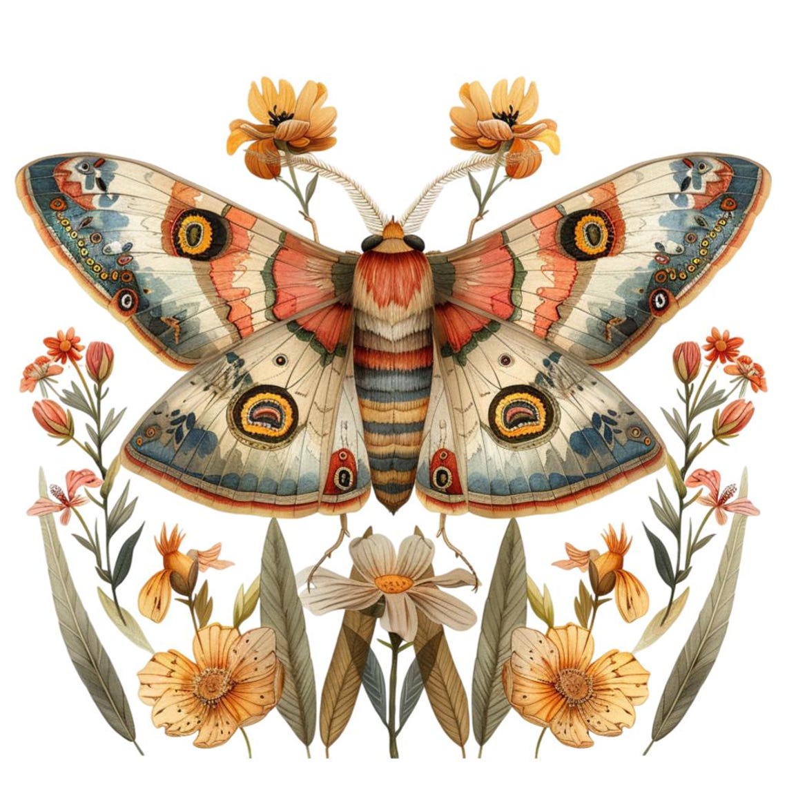16 Folk Art Moth and Flowers Clipart Bundle, 16 High-quality JPG, Craft ...