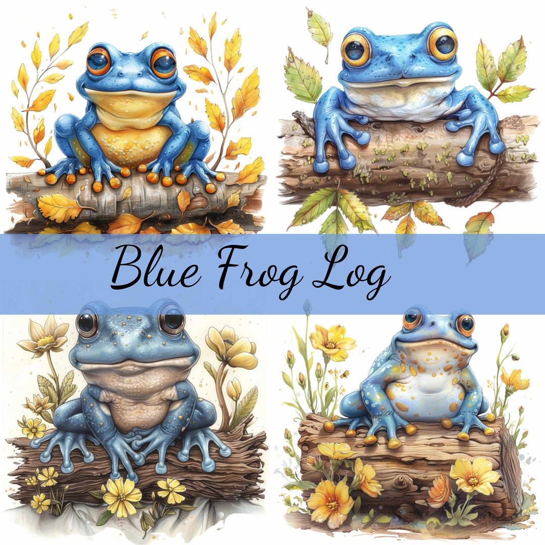 12 Blue Frog on a Log Clipart Bundle, 12 High-quality JPG, Craft Art ...