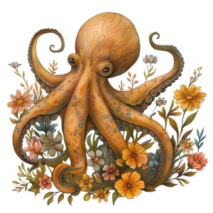 Folk Art Octopus W Flowers Clipart Bundle, 12 High-quality JPG, Craft ...