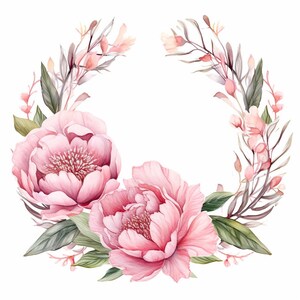Pink Peony Flower Wreaths Clipart Bundle, High-quality JPG, Craft Art ...
