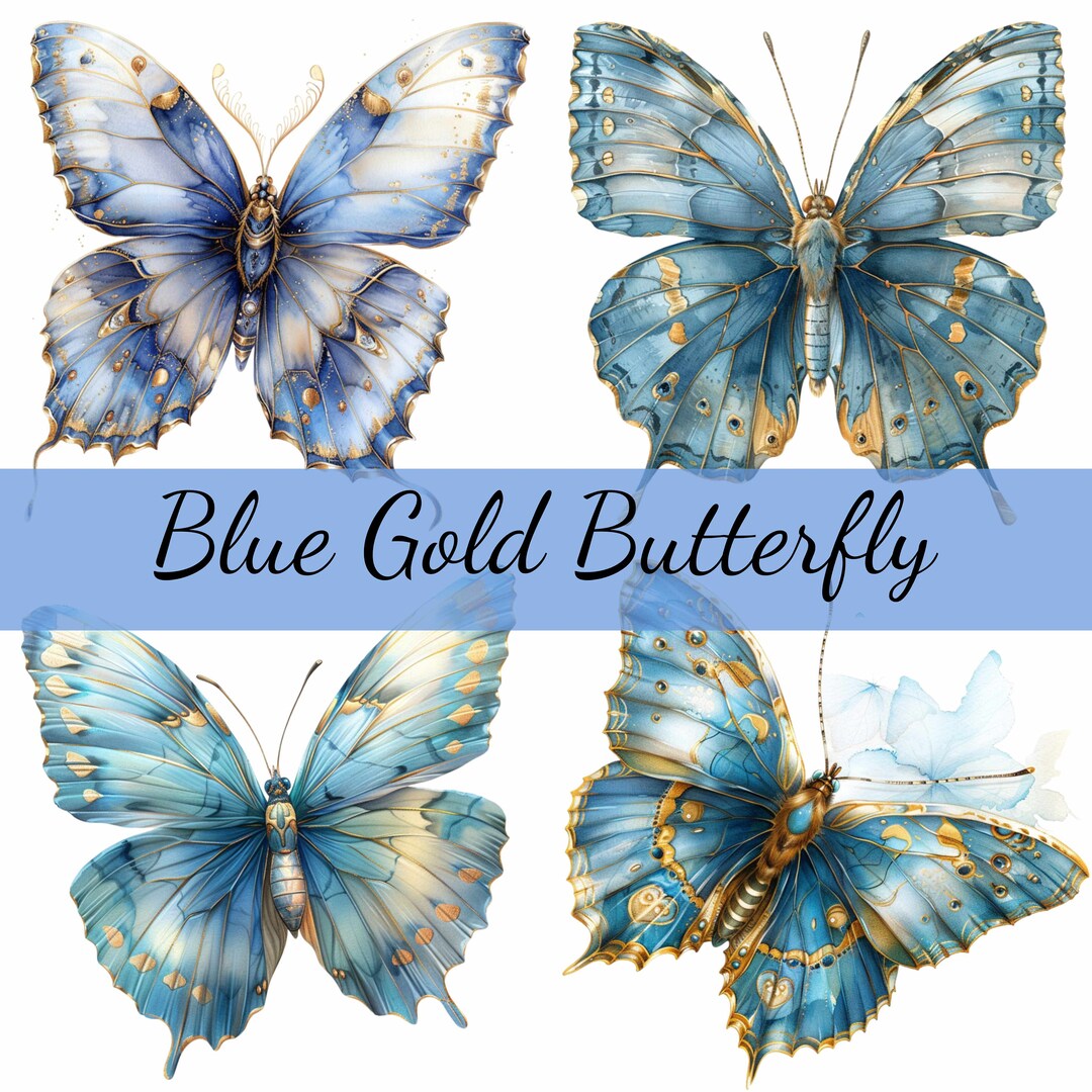 16 Blue and Gold Butterfly Clipart Bundle, 16 High-quality JPG, Craft ...