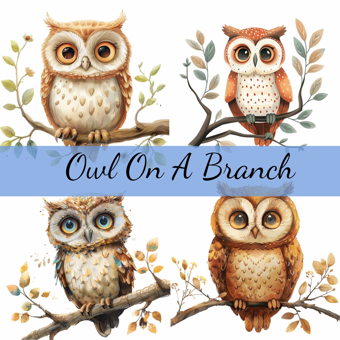 16 Cute Owl on A Tree Branch Clipart Bundle, 16 High-quality JPG, Craft ...