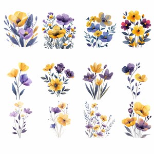 Abstract Flower Bouquet Purple Yellow Clipart Bundle, High-quality JPG ...