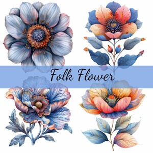 Folk Art Flower Clipart Bundle, 15 High-quality JPG, Craft Art, Card ...