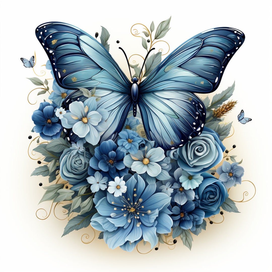 16 Blue Butterflies With Flowers Clipart Bundle, 16 High-quality Jpgs ...