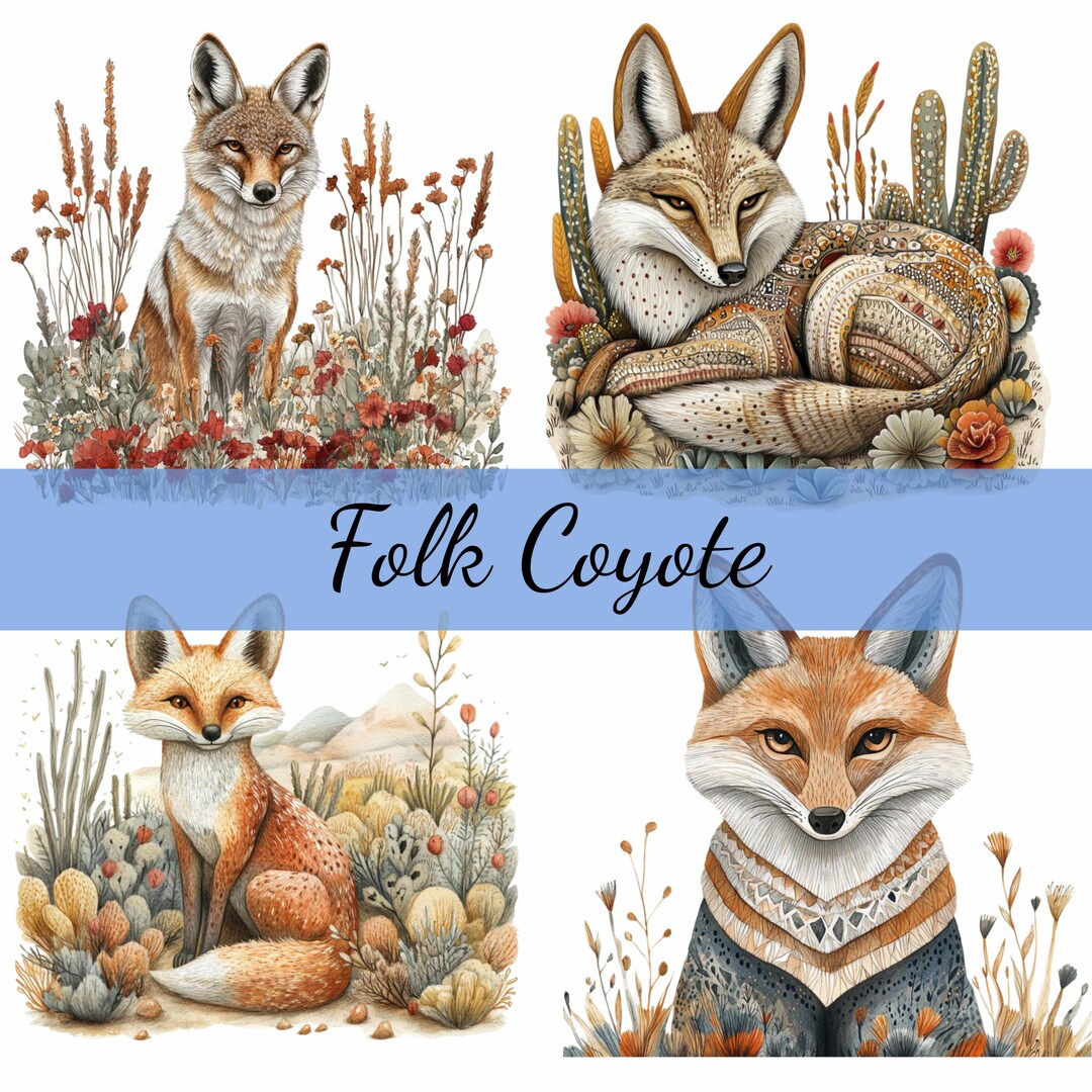 Folk Art Coyote in Desert Clipart Bundle, 15 High-quality JPG, Craft ...