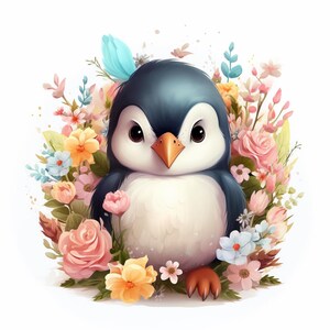 Penguin in Spring Flowers Clipart Bundle, High-quality JPG, Craft Art ...