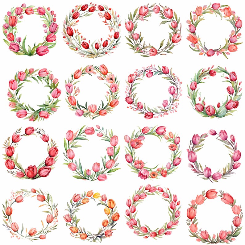 Pink Tulip Wreaths Clipart Bundle, High-quality JPG, Craft Art, Card ...