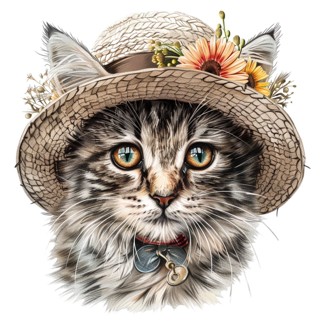 Cat With Straw Hat and Flowers Clipart Bundle, 16 High-quality JPG ...