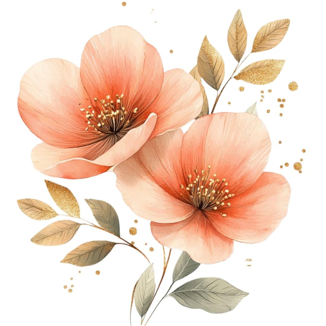 Peach and Gold Flowers Clipart Bundle, 16 JPG and Transparent PNG ...