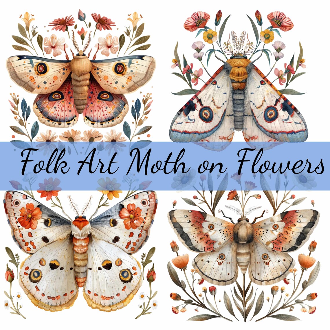 16 Folk Art Moth and Flowers Clipart Bundle, 16 High-quality JPG, Craft ...