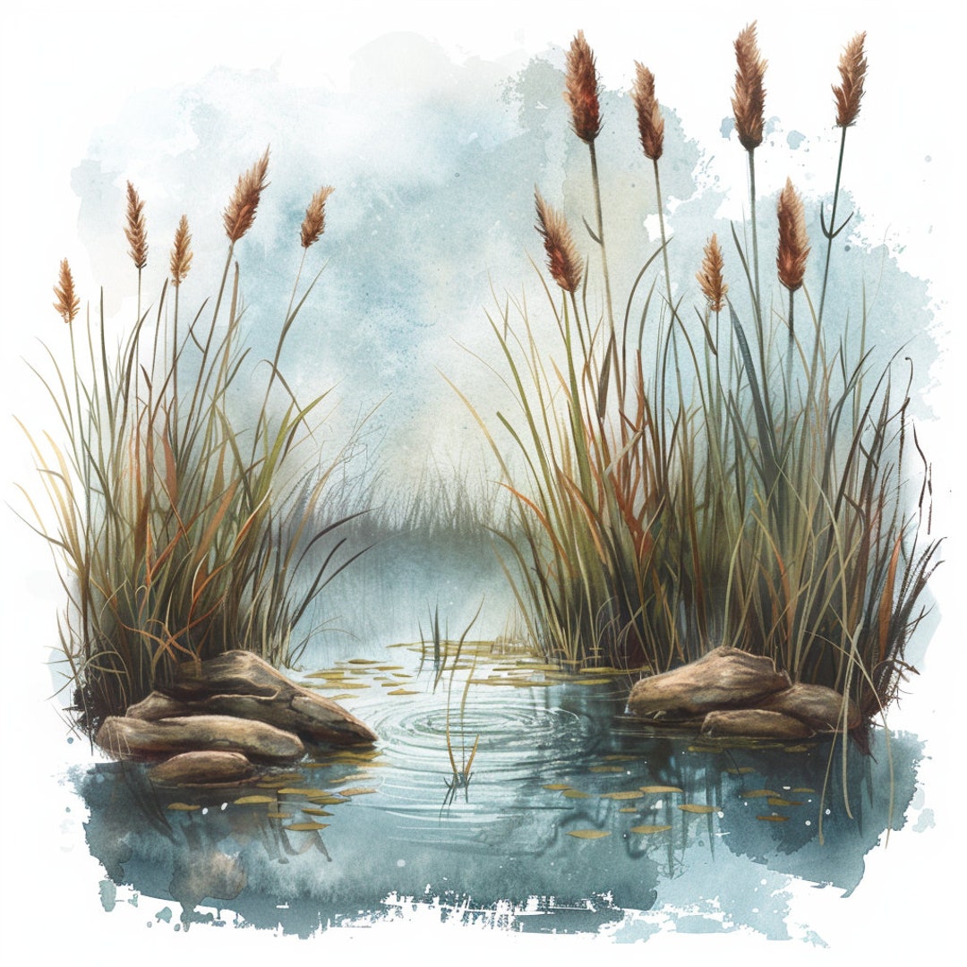 Cattails and Reeds in Water Pond Clipart Bundle, 16 High-quality JPG ...