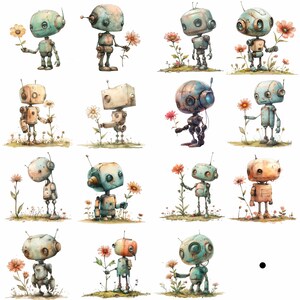 15 Cute Robot With Flower Clipart Bundle, 15 High-quality JPG, Craft ...